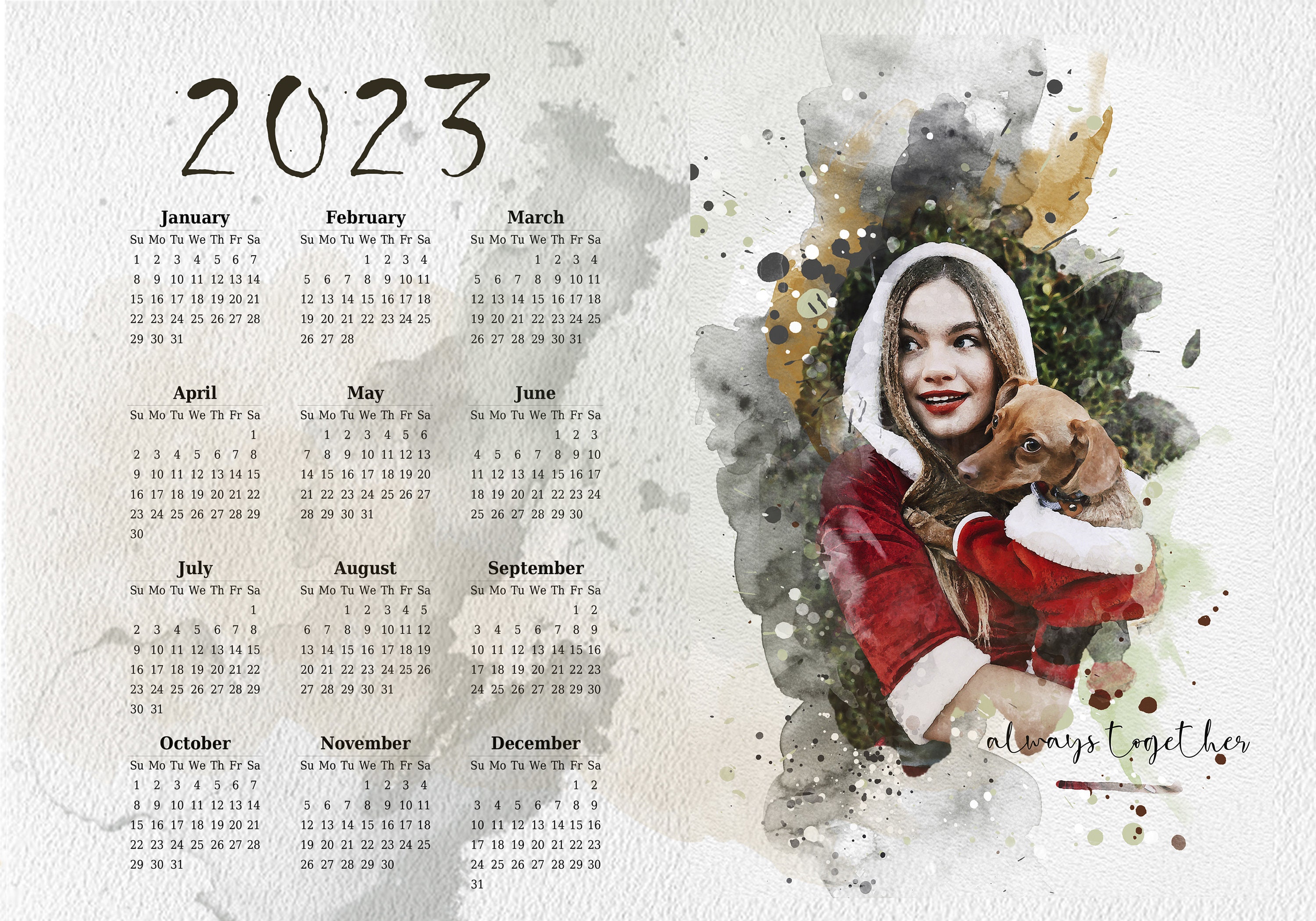 2023 Custom Calendar ,watercolor Portrait From Photo Yearly Calendar ...