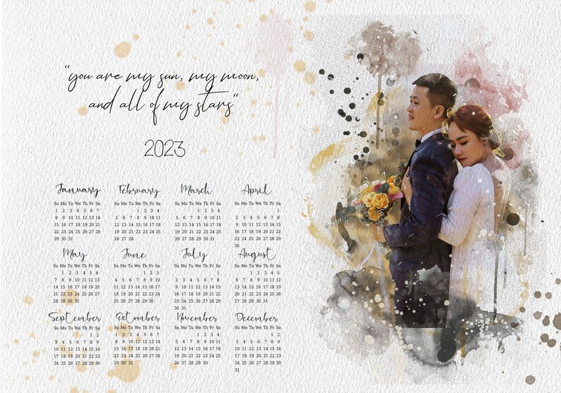 2023 Custom Calendar ,watercolor Portrait From Photo Yearly Calendar ...