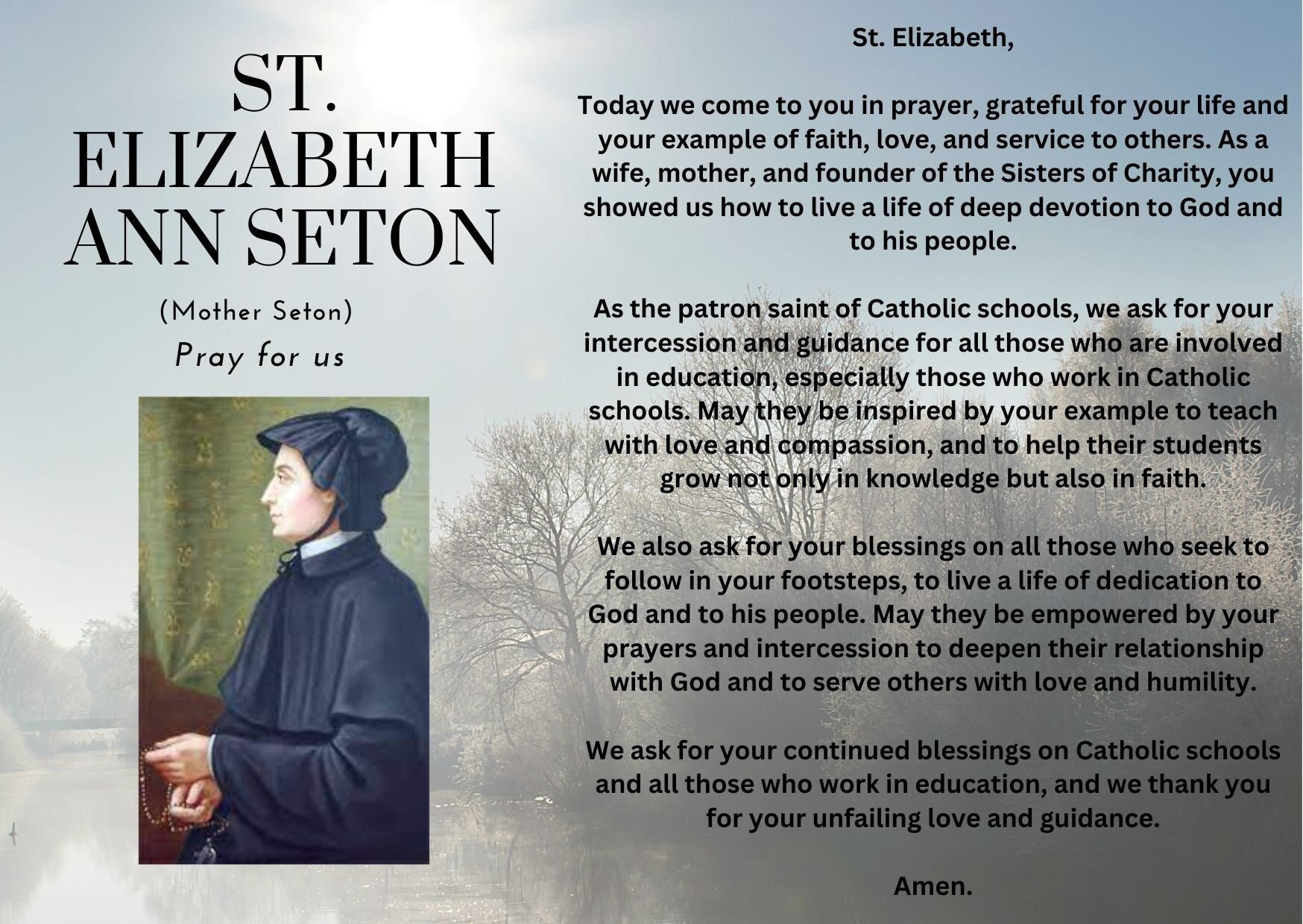 St Elizabeth Ann Seton, Pray for Us Prayer Card - Etsy