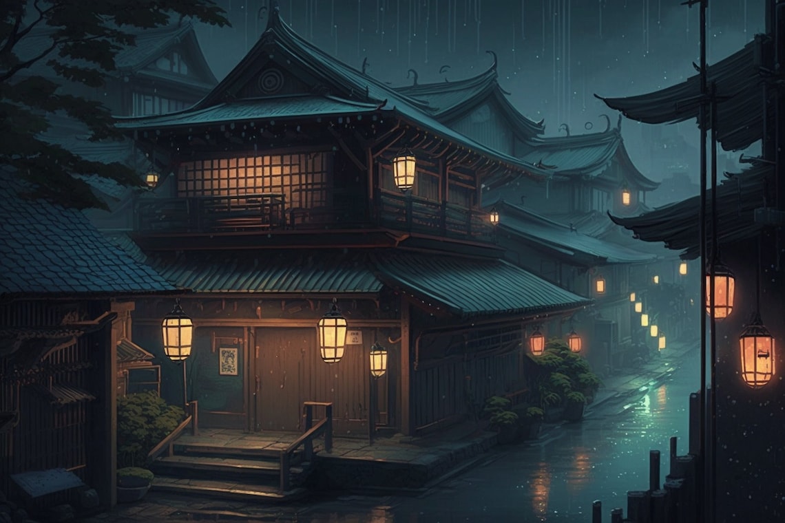 4 Images of Japanese Village at Night With Lanterns and Neon Signs ...
