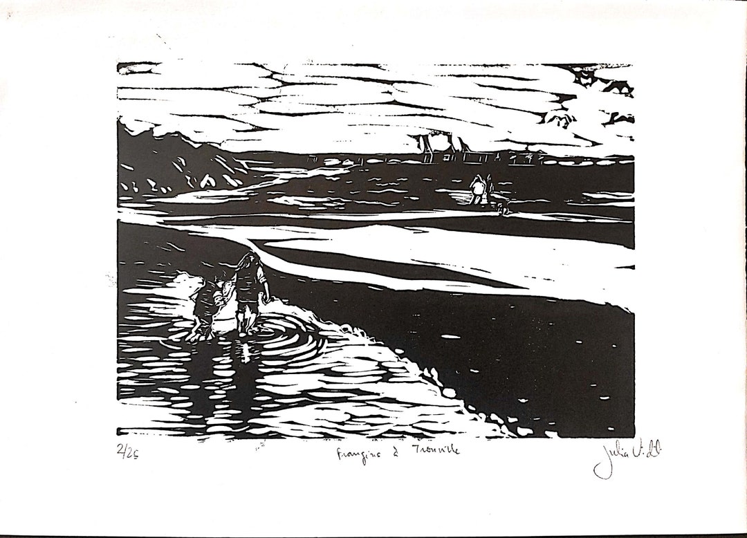 Linocut Handmade Seascape With Children France - Etsy UK
