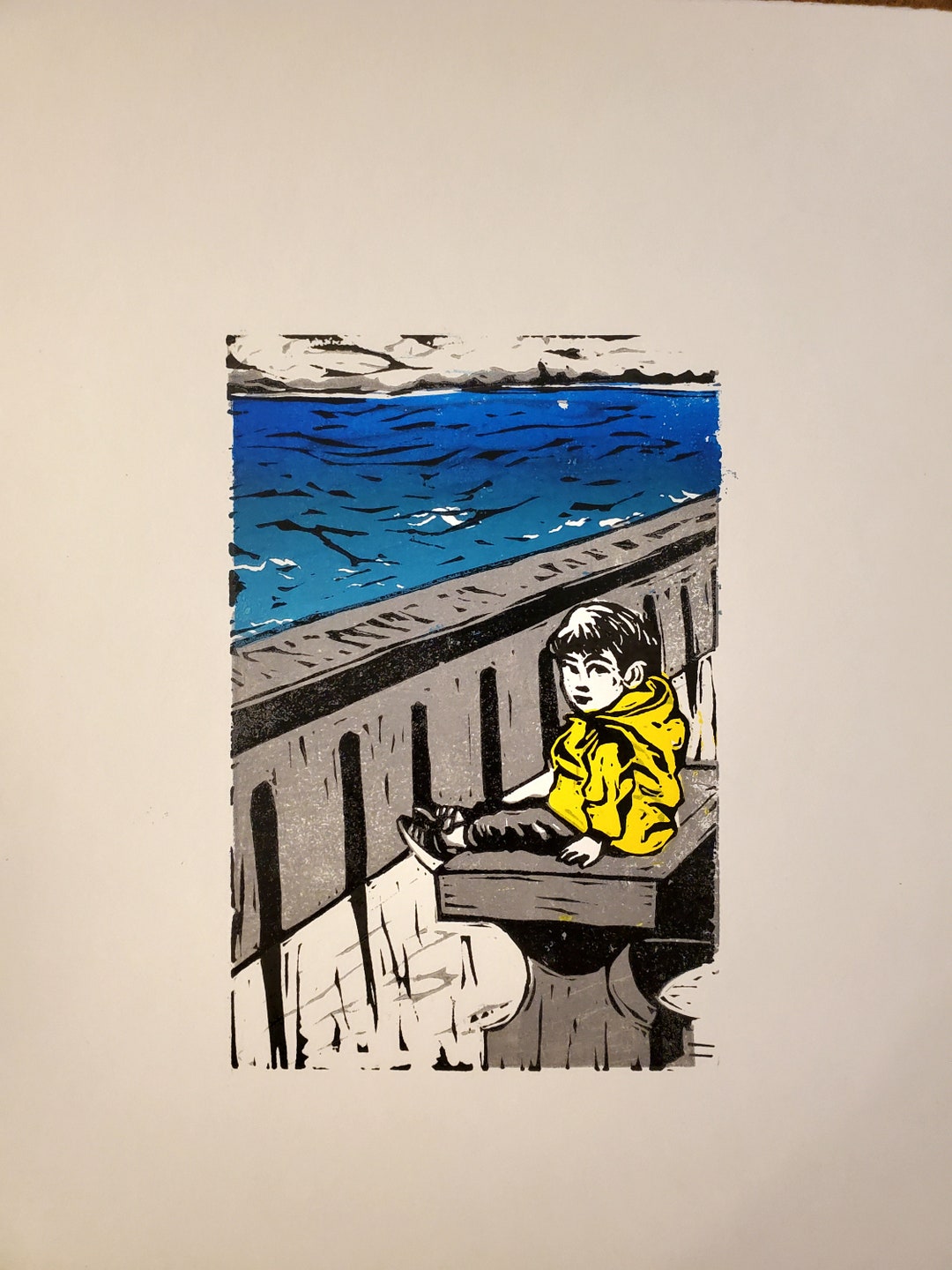 Original Color Linocut Handmade Seascape Boy in Normandy Beach - Etsy