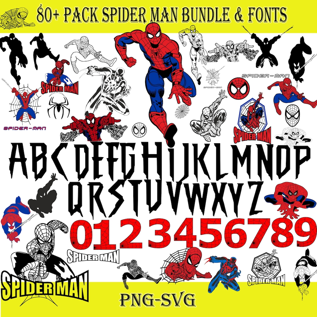 80 Spiderman Characters and Fonts Bundle , Digital Spiderman Sticker ...