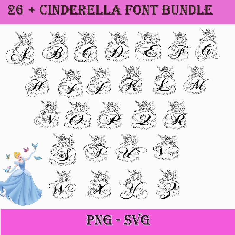 Cinderella Themed Font Bundle , 26 Letters SVG and PNG Set , Fun ...