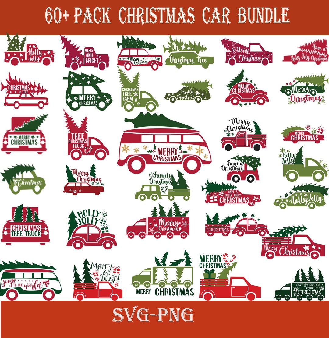 60 Pack Christmas Car SVG PNG Bundle , Holiday Truck & Car Designs With ...