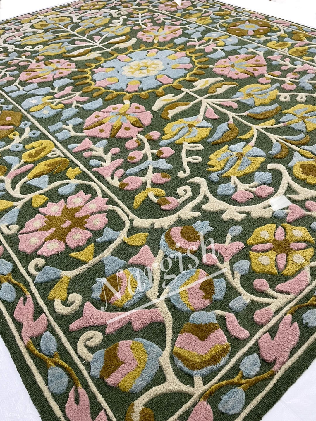 Tali Hand-tufted Wool Area Rug Green Floral Design Luxurious Custom ...