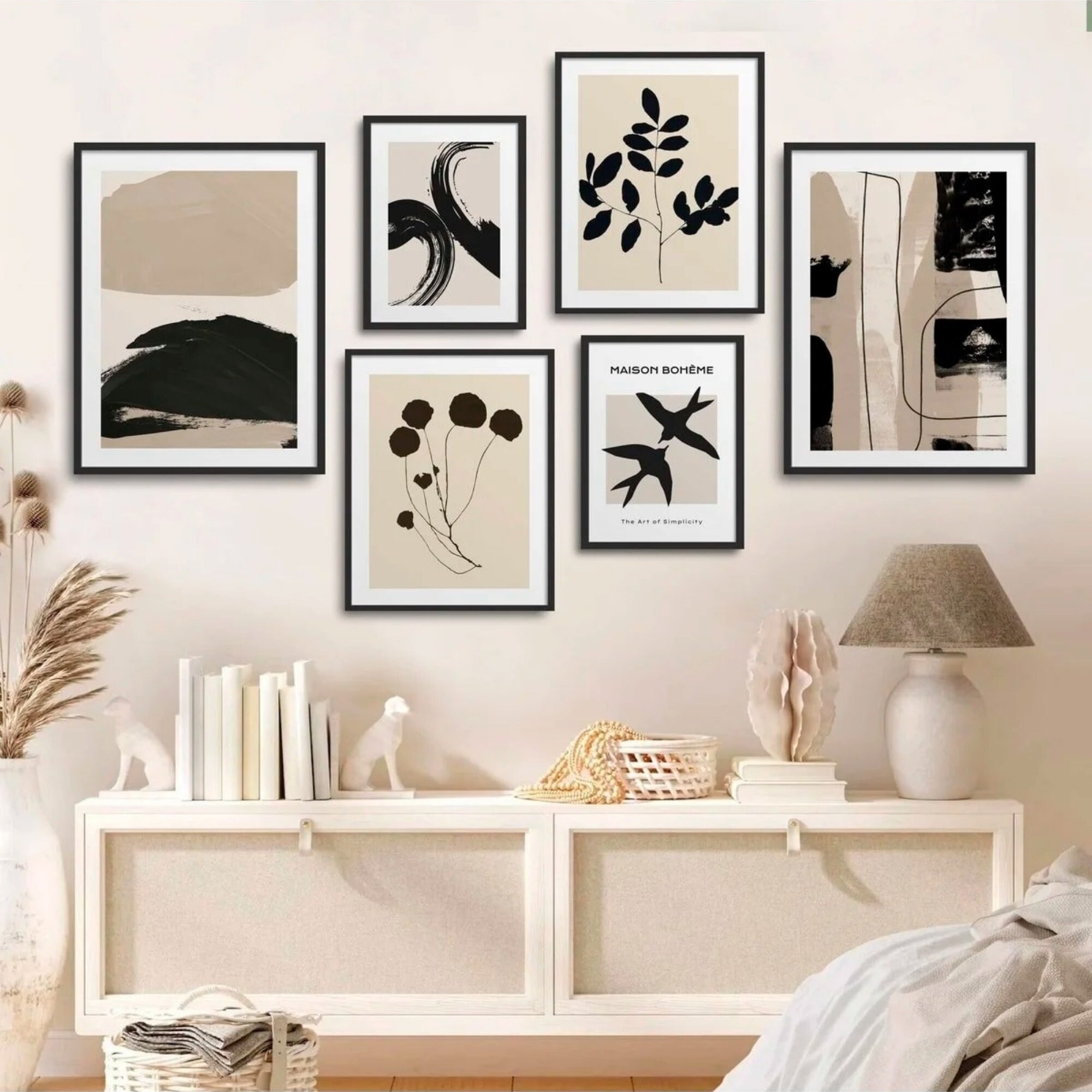 FRAMED Abstract Gallery Wall Art Set of 6, Black Poster Set, Modern Art ...