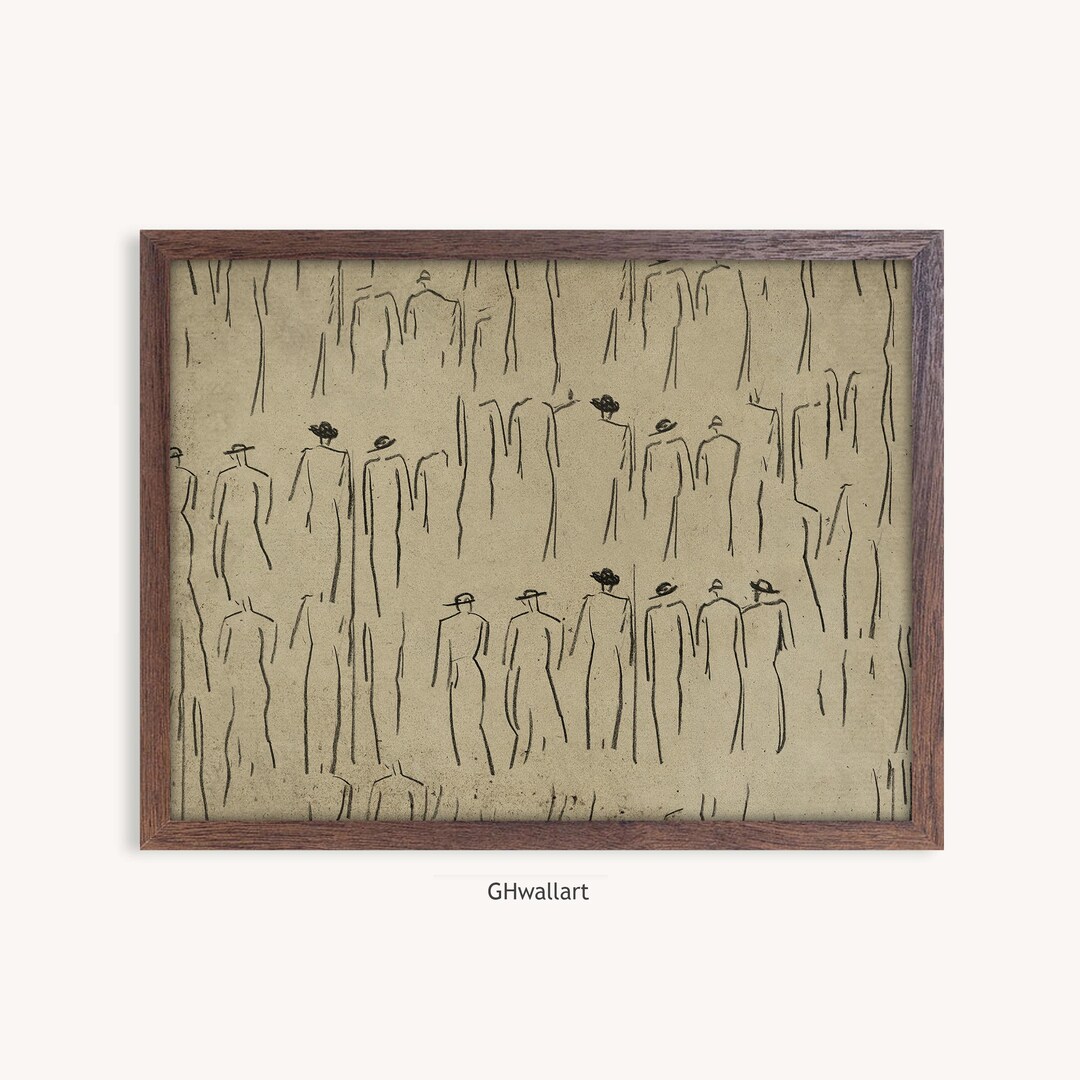 Framed Line Drawing Art, Minimalist Crowd Sketch Print, Vintage People ...