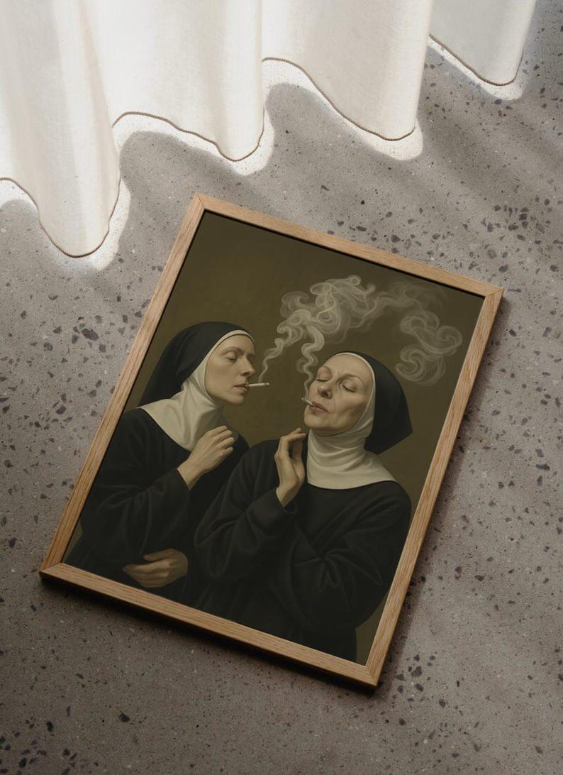 Two Nuns Smoking, Realistic Oil Painting, Whimsical Religious Art ...