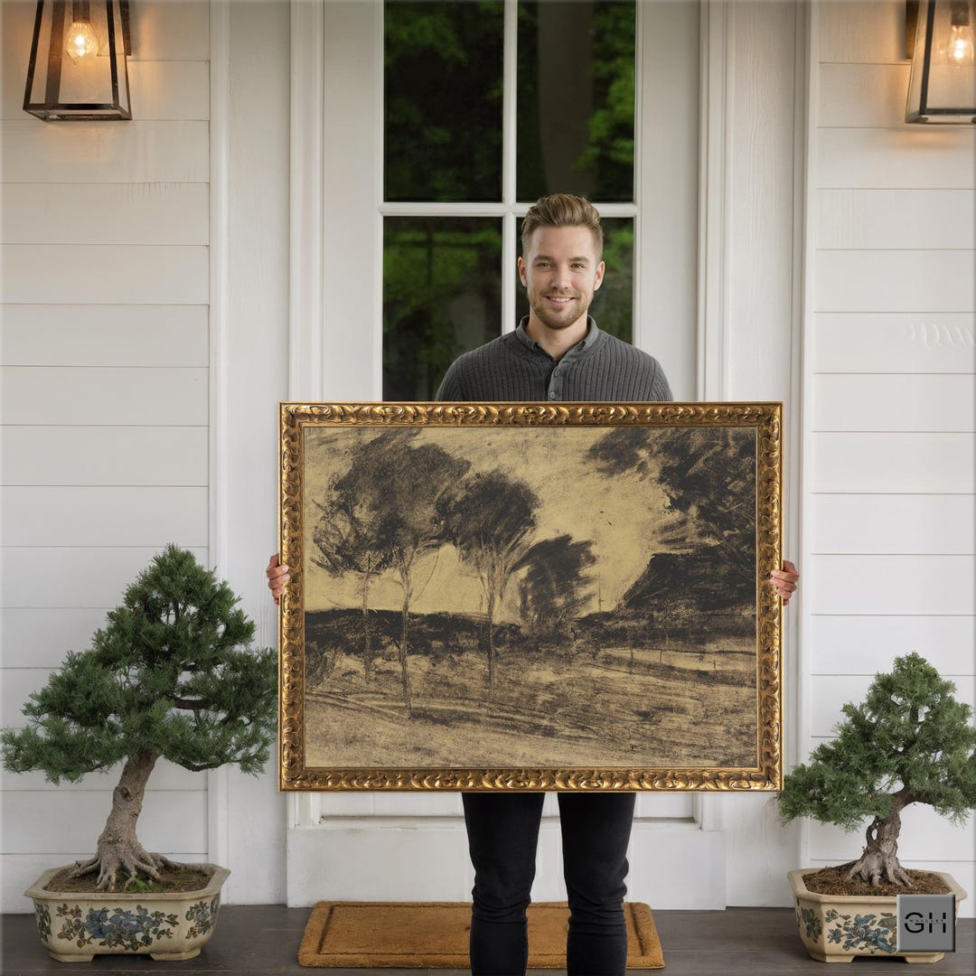 Vintage Landscape Drawing, Framed Charcoal Tree Sketch, Antique Style ...