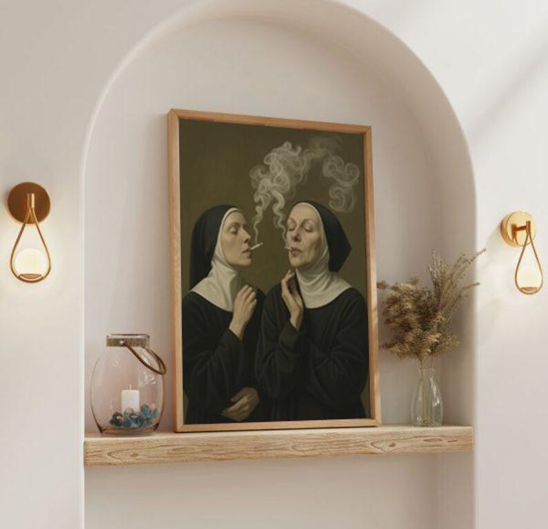 Two Nuns Smoking, Realistic Oil Painting, Whimsical Religious Art ...