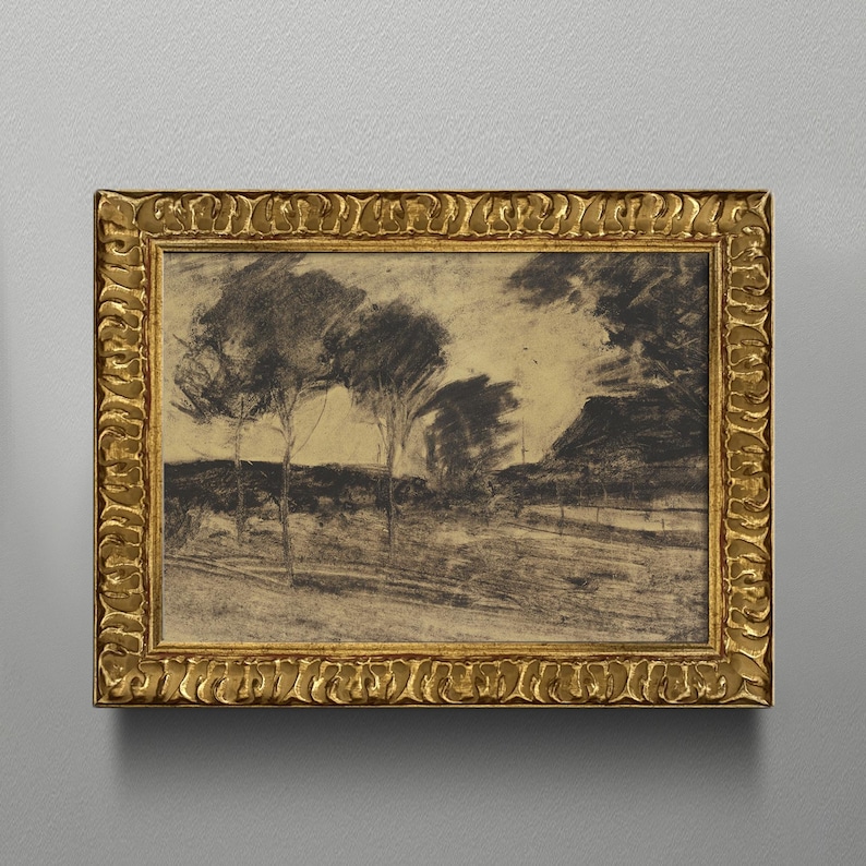 Vintage Landscape Drawing, Framed Charcoal Tree Sketch, Antique Style ...