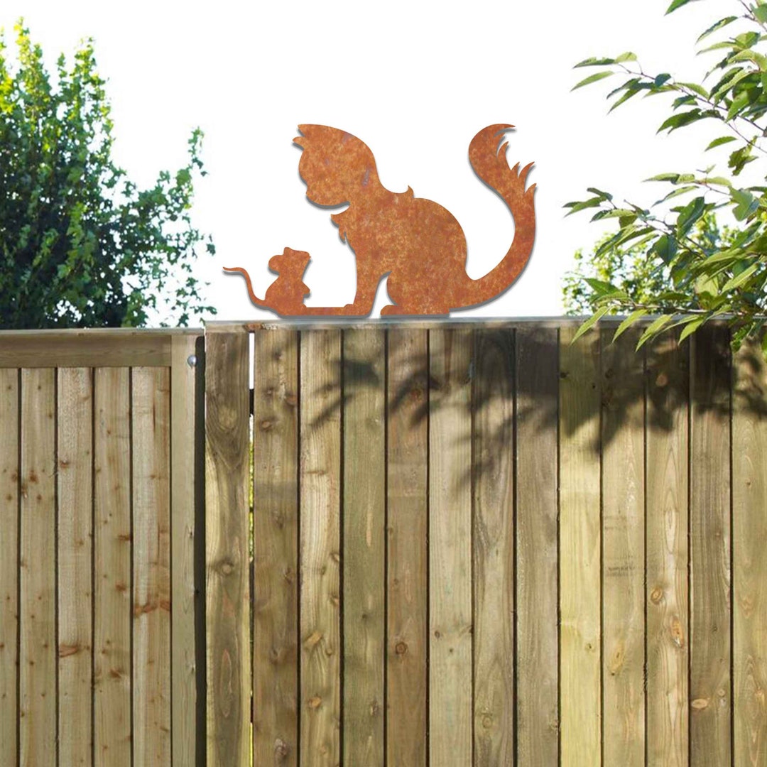 Metal Rusty Cat and Mouse Fence Topper, Cat Rustic Art, Cat Gift, Cat ...
