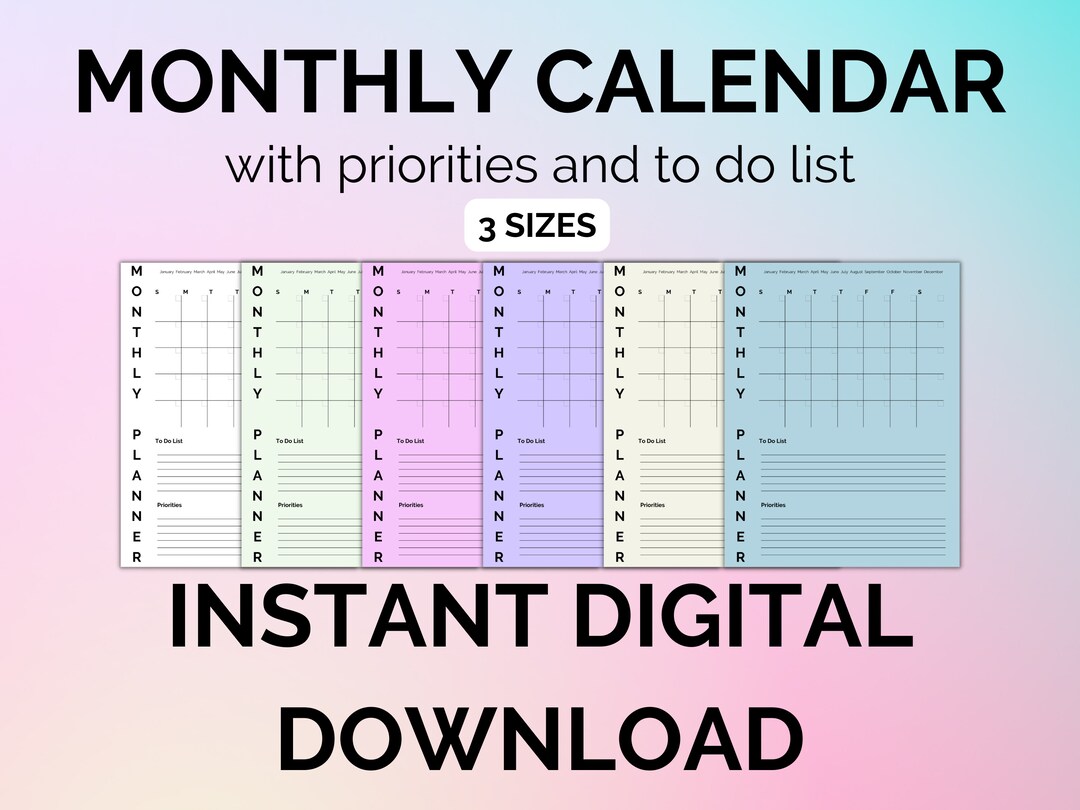 Blank Monthly Calendar Printable Digital Productivity - Etsy Australia