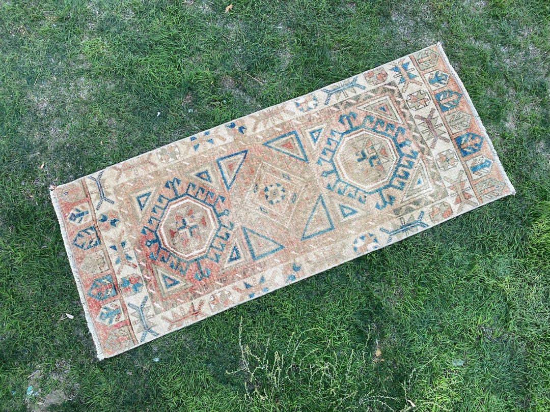 Turkish 1x4 Rug, Red and Green Vintage Rug, Neutral Oushak Rug, Rug for ...