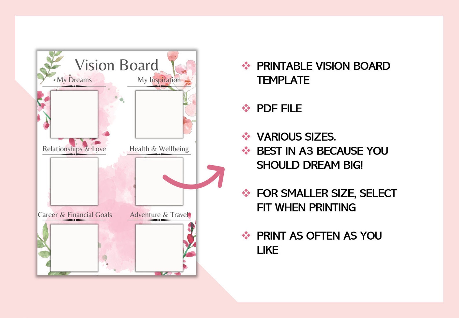 Vision Board Printable, Cute Vision Board Template, Aspiration and Goal ...
