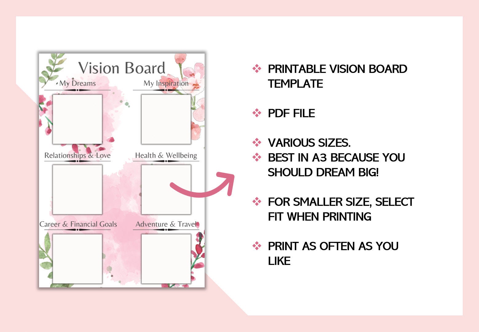 Vision Board Printable, Cute Vision Board Template, Aspiration and Goal ...