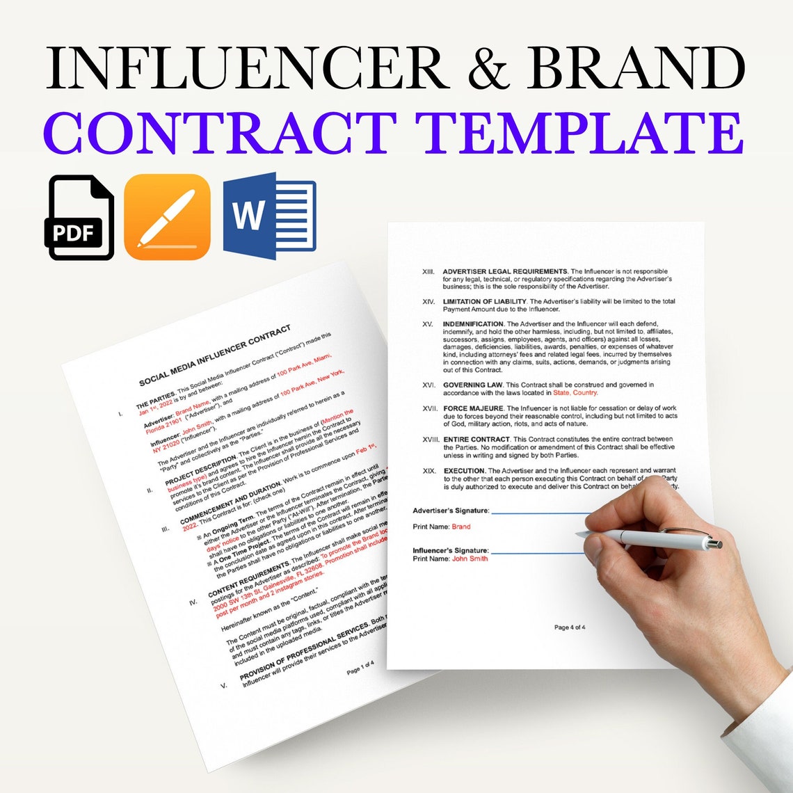 Editable Influencer Brand Collaboration Contract Template for - Etsy