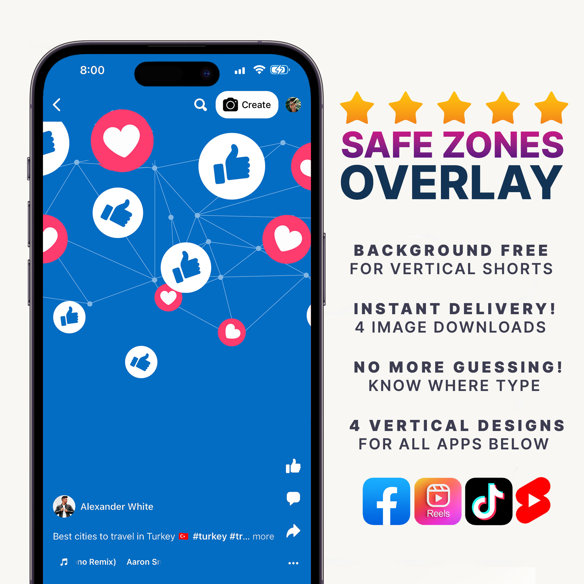 Safe Zone Overlay Template Guide for Vertical Tiktok Videos, Facebook ...