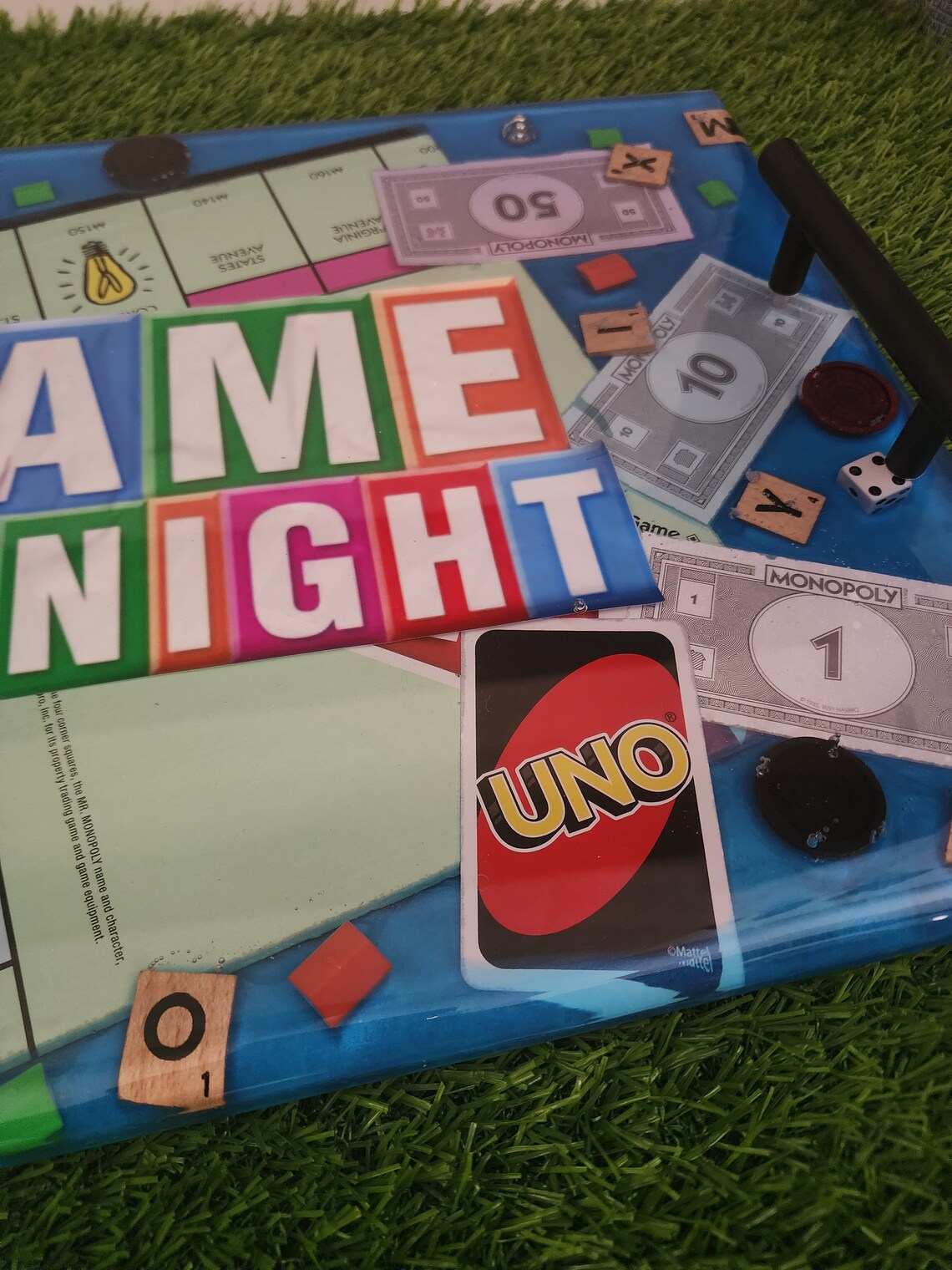 Game Night Resin Tray With Handles | Monopoly, Uno, Scrabble Pieces - Etsy