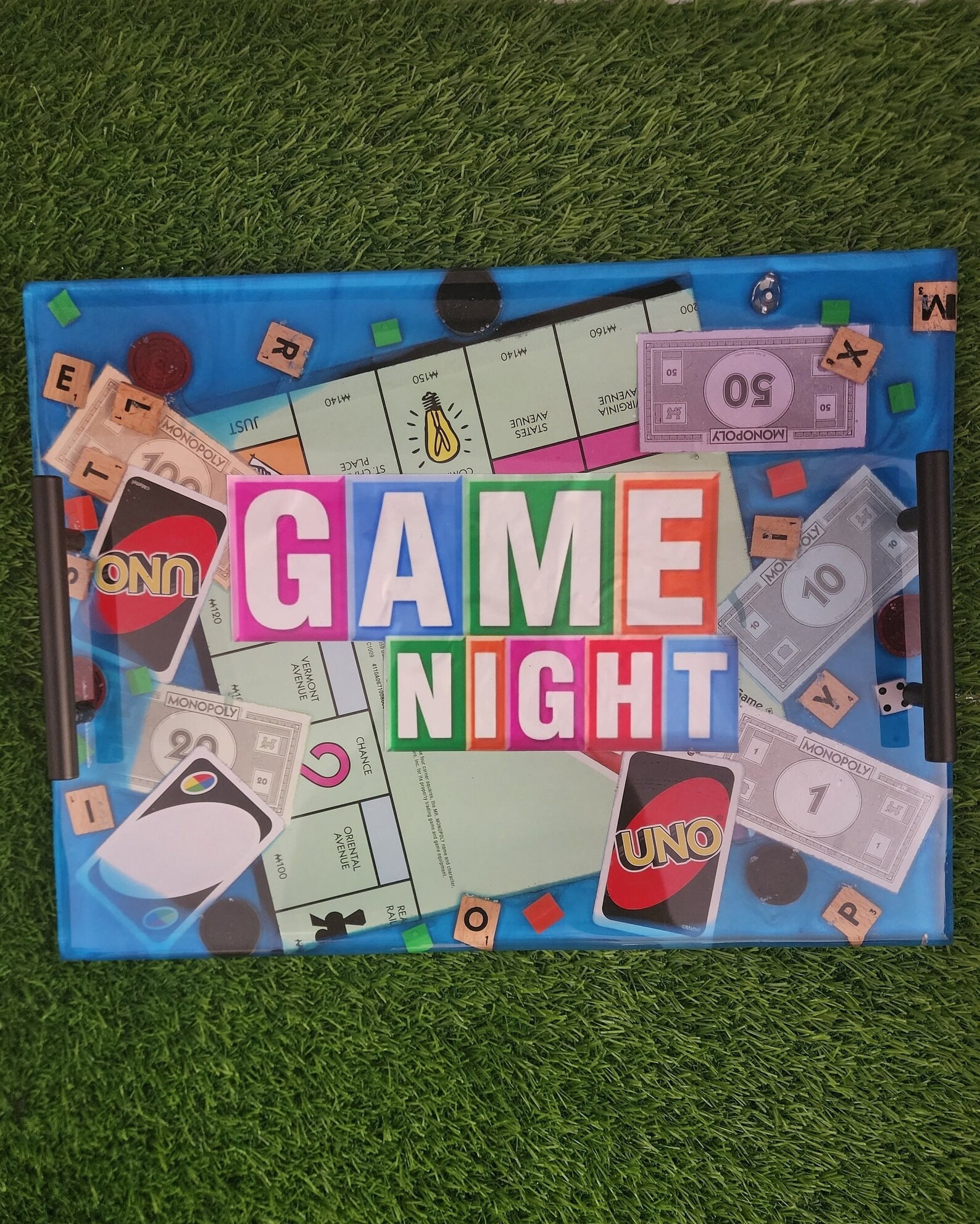 Game Night Resin Tray With Handles | Monopoly, Uno, Scrabble Pieces - Etsy