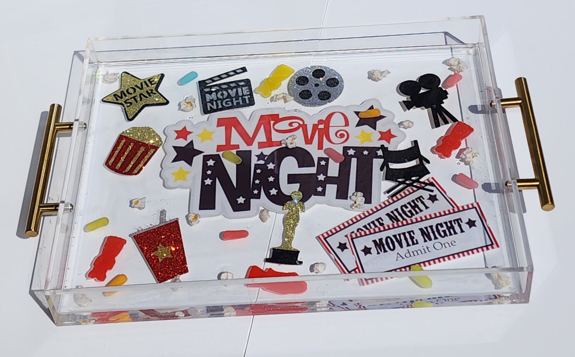 Movie Night Resin Tray | Acrylic Serving Tray With Gold Handles - Etsy