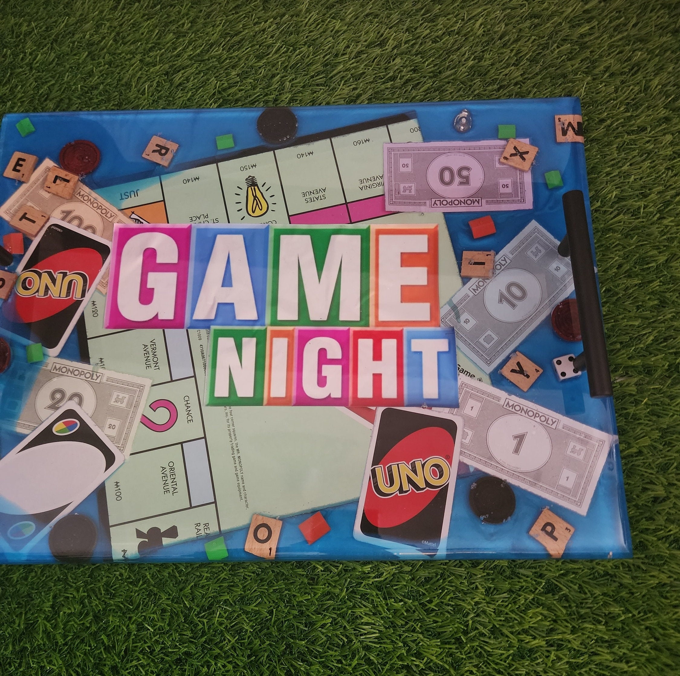 Game Night Resin Tray With Handles | Monopoly, Uno, Scrabble Pieces - Etsy