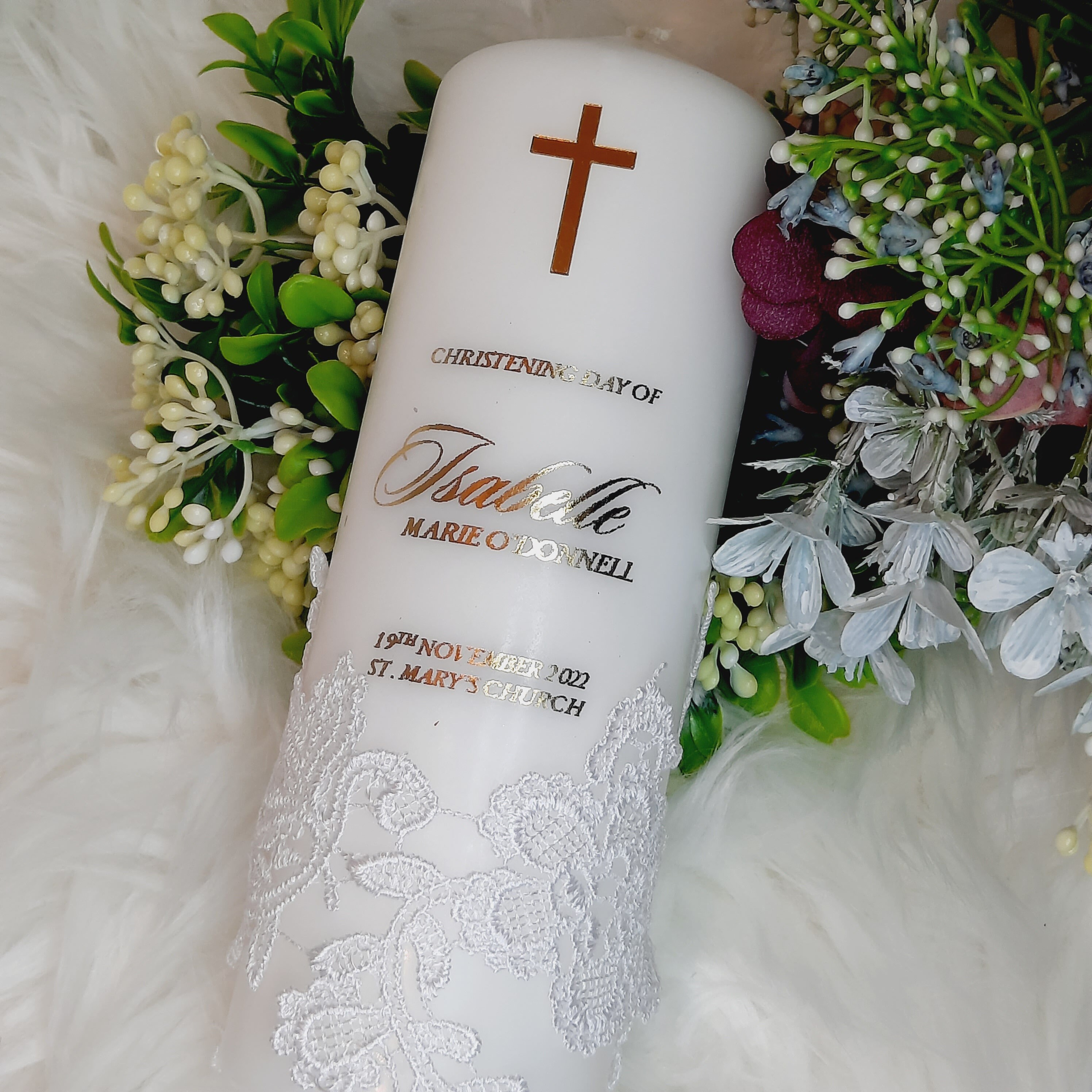 Lace Christening Candle With Gold Letters, Baptism Candle, Gold Baptism ...