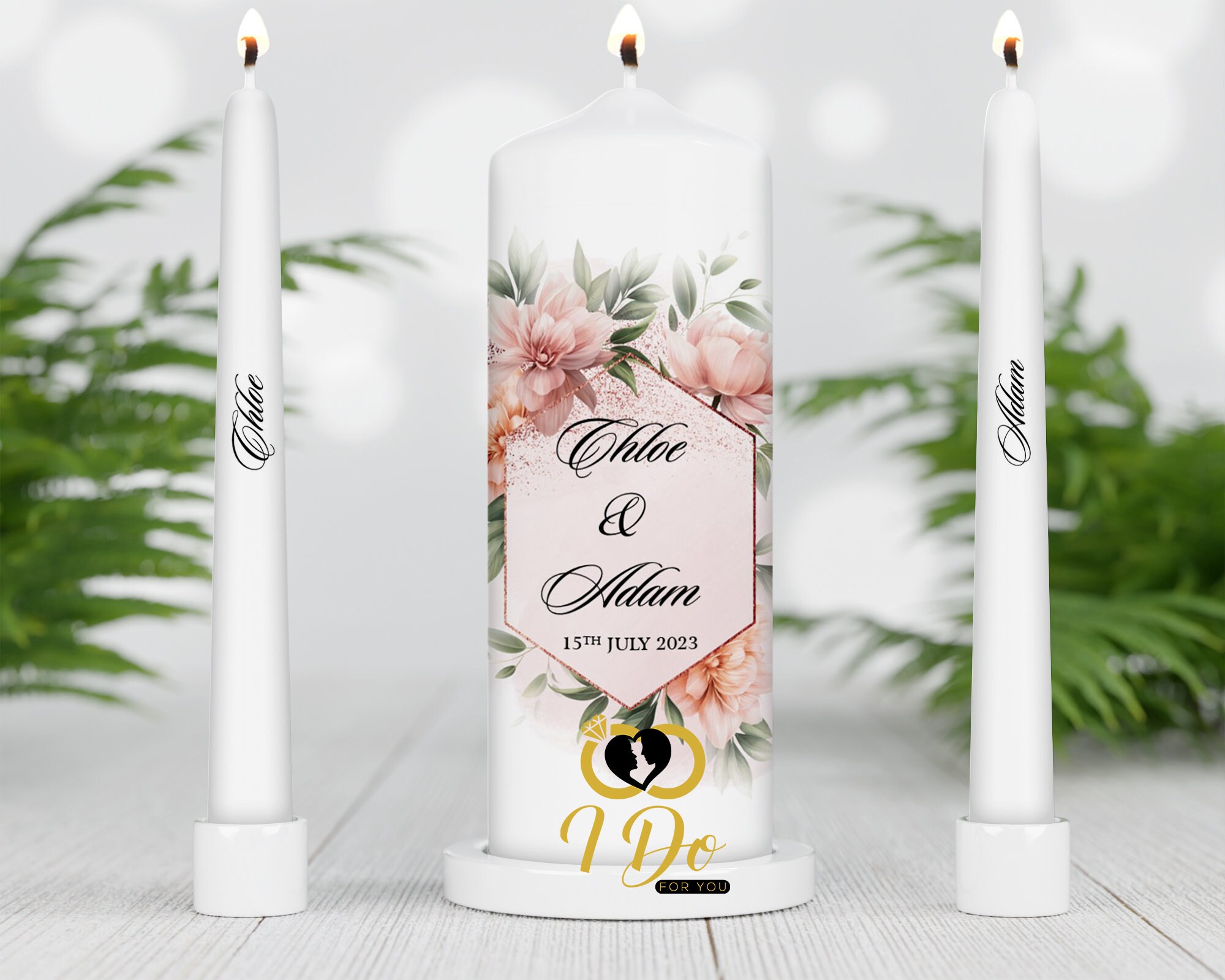 Pink Peony Wedding Candles, Personalised Wedding Candles, Unity Set, Summer Weddings, Pink ...