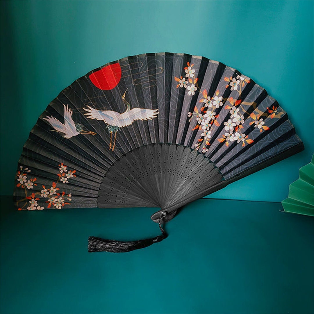 Classical Crane Handheld Folding Fans, Carved Bamboo Hand Hold Fan ...