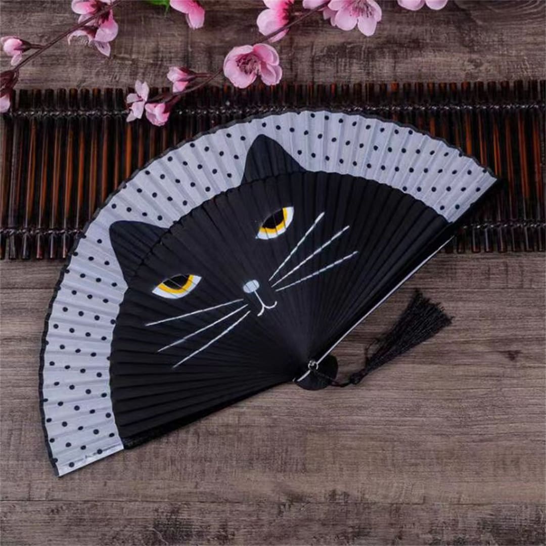 Cartoon Cute Cat Silk Folding Hand Fan Painting Hand Hold - Etsy
