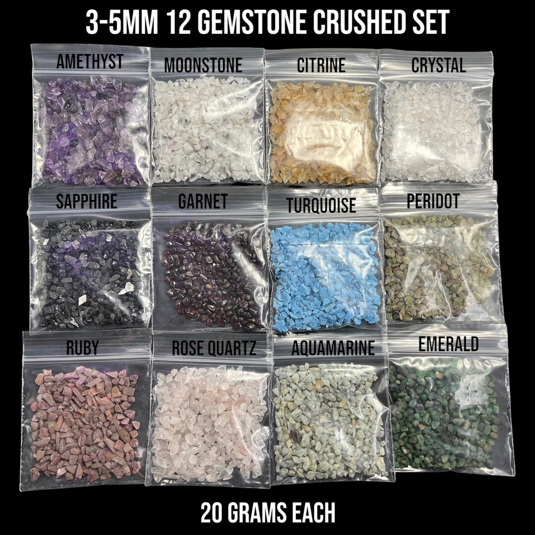 Crushed Gemstone Powder Set – 12 Natural Gemstones in Multiple Sizes ...