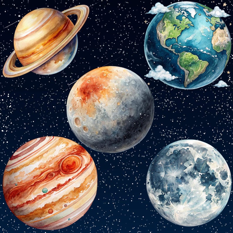 Watercolor Solar System Clipart: Planets PNG Bundle (digital Download ...