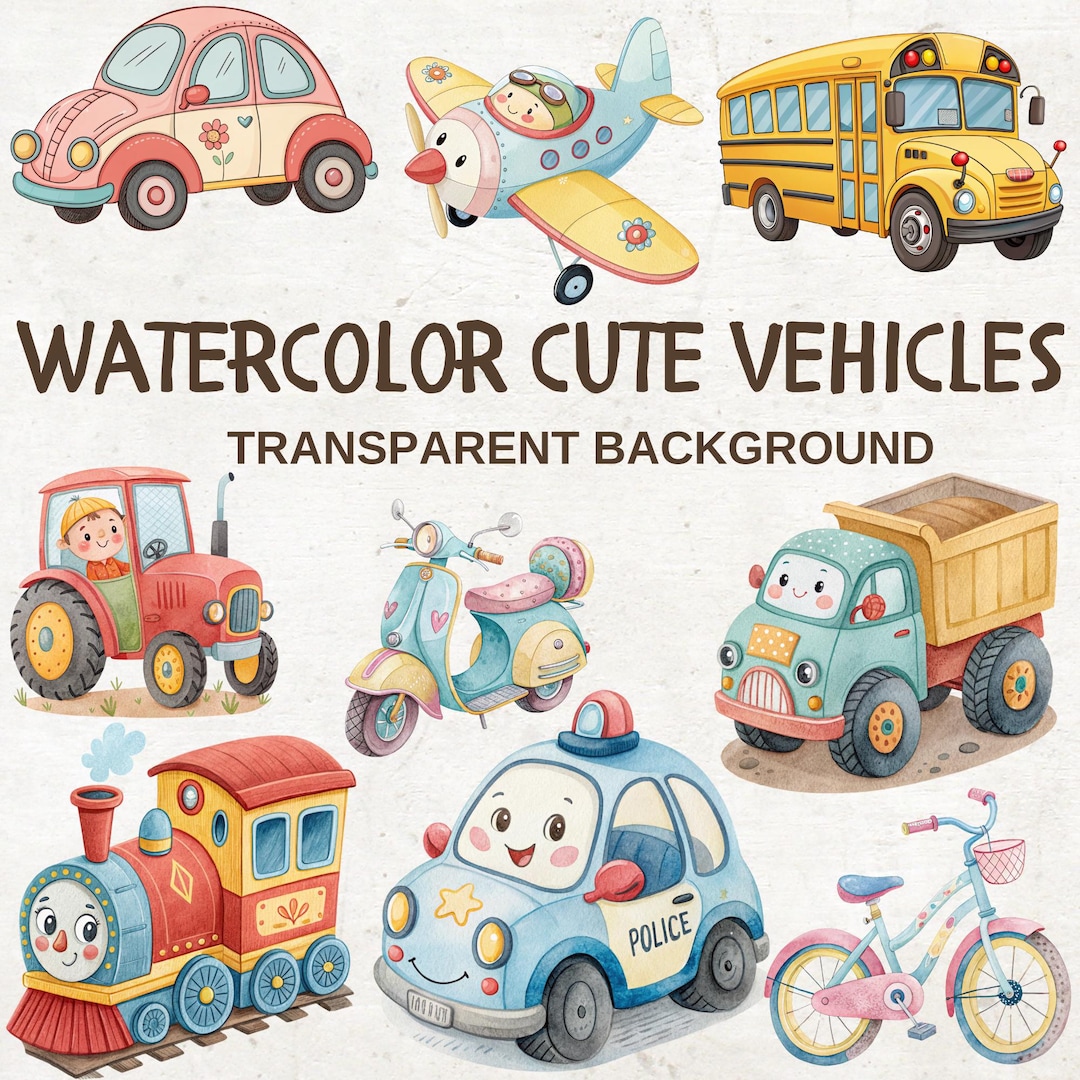 25 Watercolor Vehicle Clipart, Cute Vehicle Clipart, Transport Clipart ...
