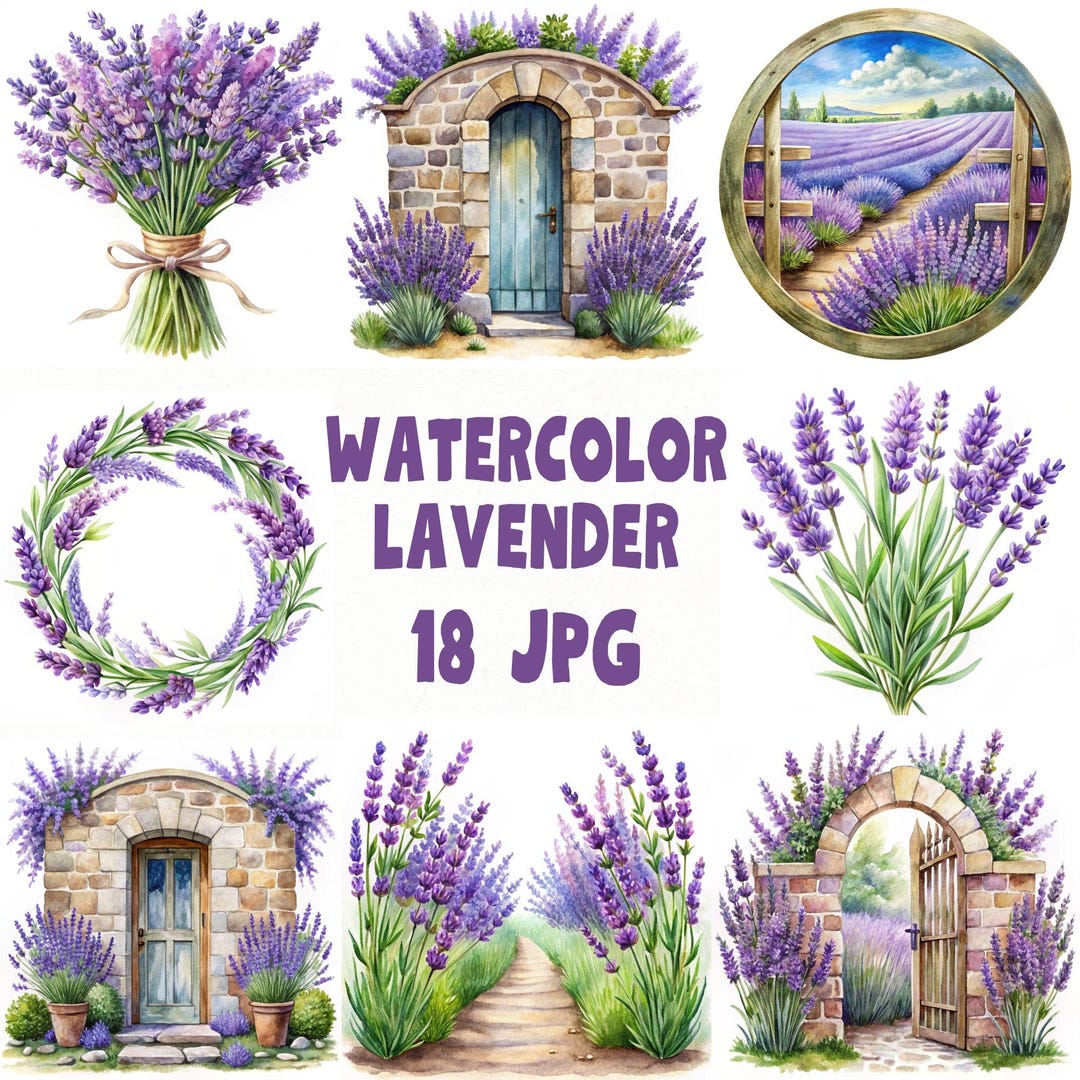 Watercolor Lavender Clipart Bundle: Floral Wreaths, Garden Scenes (JPG ...