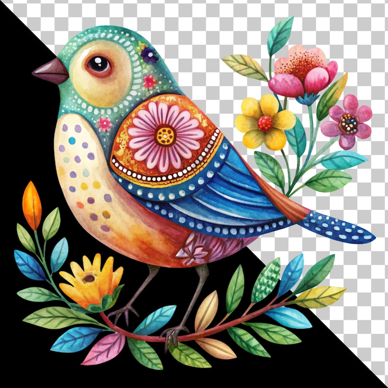 Watercolor Folk Art Birds Clipart: Scandinavian PNG Images (digital ...