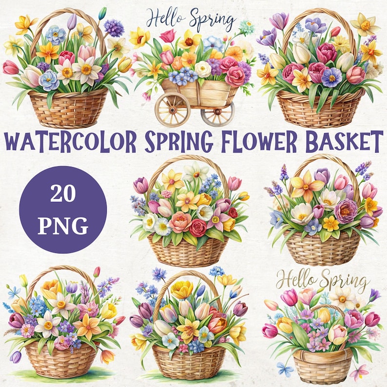Watercolor Spring Flowers Clipart PNG: Easter Basket Floral Graphics - Etsy
