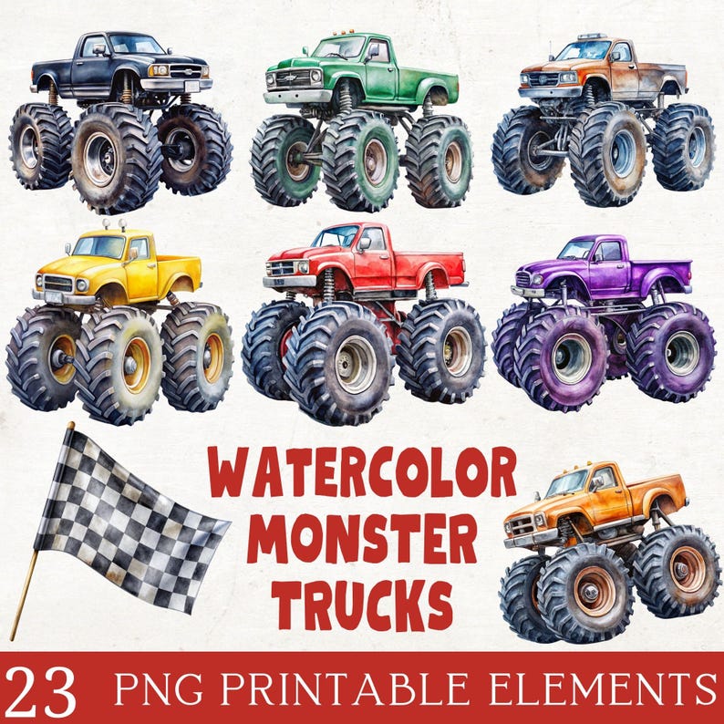 23 Watercolor Monster Truck Clipart PNG Files, Trucks Clipart, off Road ...