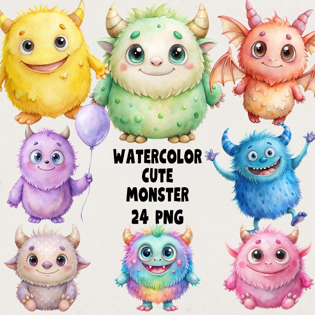 24 Watercolor Cute Monsters Clipart, Transparent Png, Funny Character ...