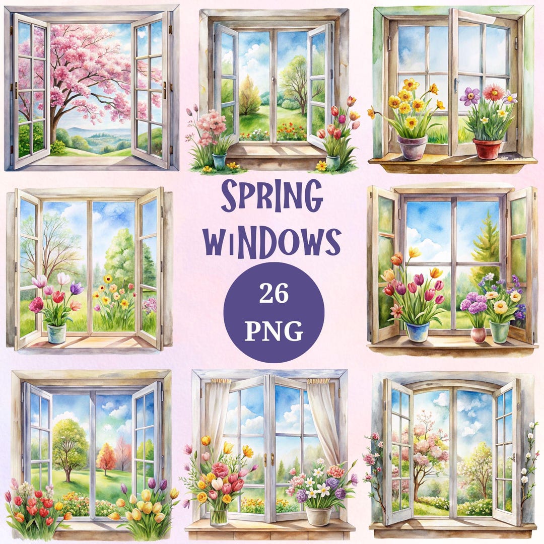 Watercolor Spring Window Clipart: Floral Landscape PNG Graphics ...