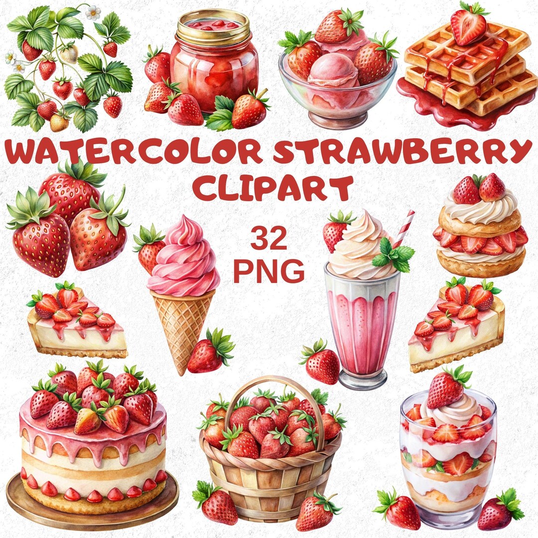 Watercolor Strawberry Clipart: 32 PNG Food Illustrations (digital ...