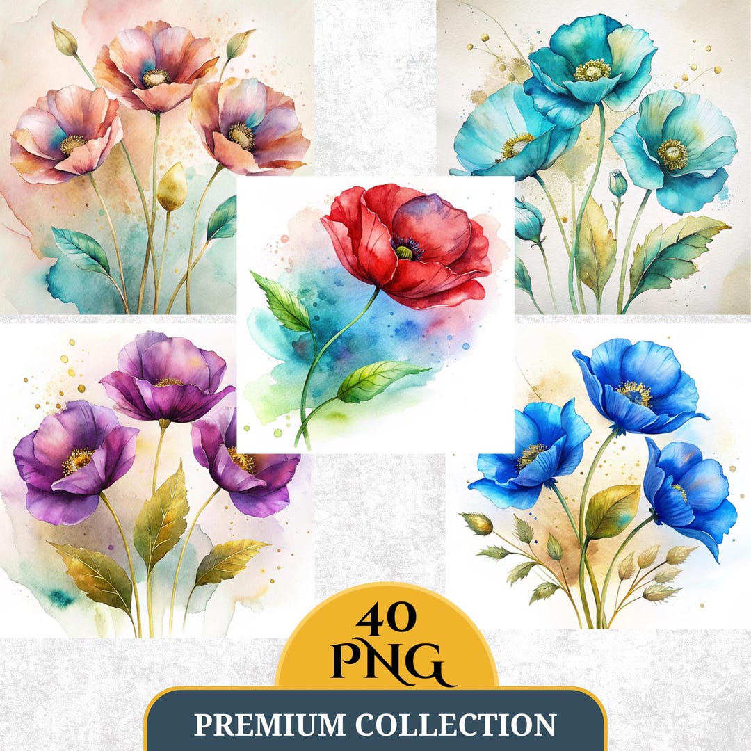 40 Watercolor Poopy Abstract Flowers Png Wall Art Digital Paper ...