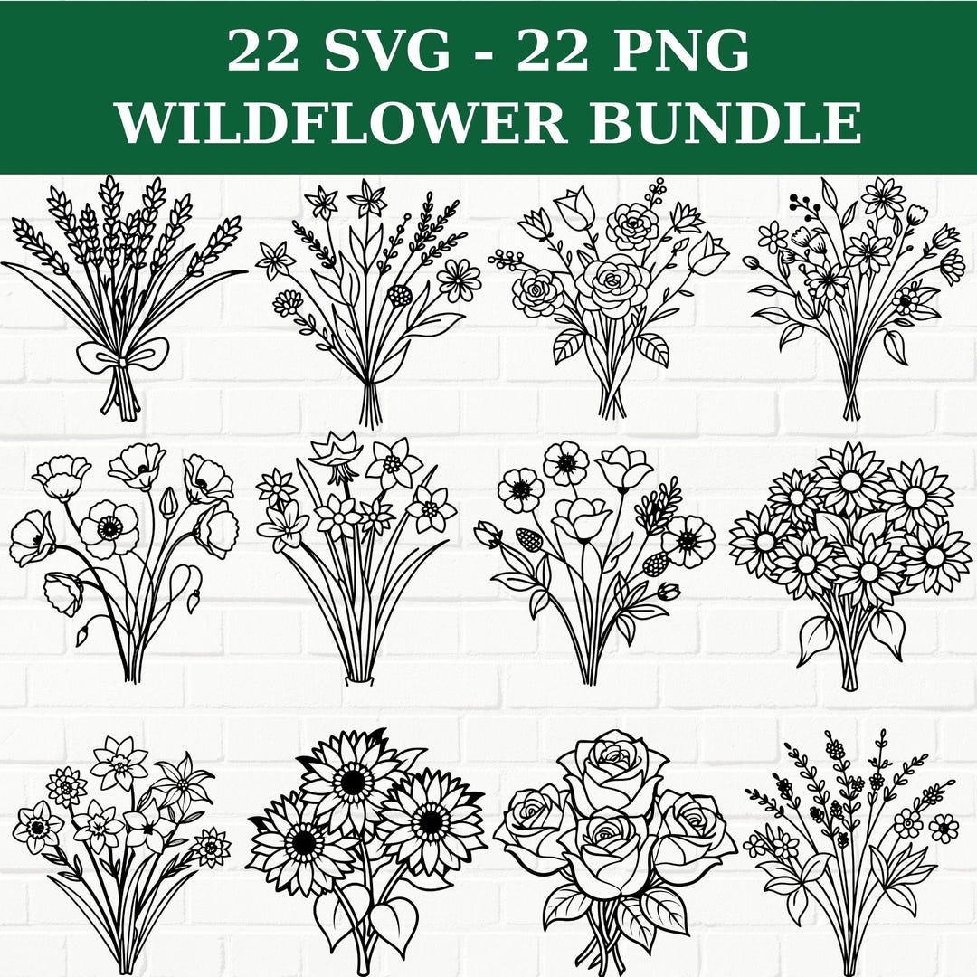 Wildflowers Svg & PNG, Floral Bouquet Svg Bundle Flower Svg, Bouquet ...