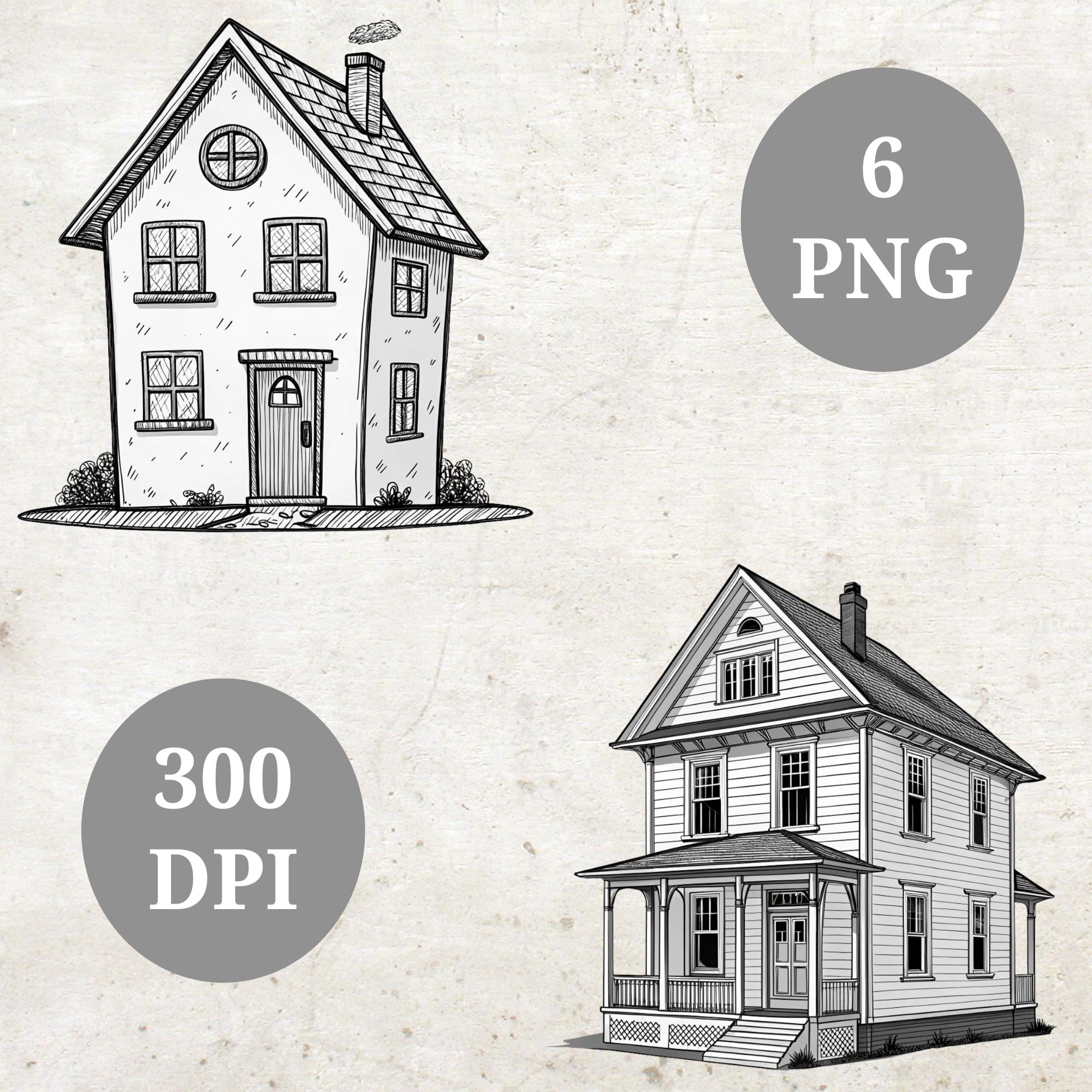 6 Black and White Houses Clipart Set Png, House Clipart Home Clipart ...