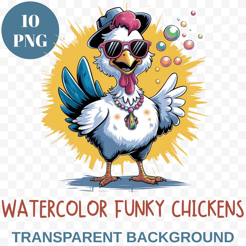 Watercolor Funky Chickens Clipart Bundle: Retro Cartoon PNG (digital ...