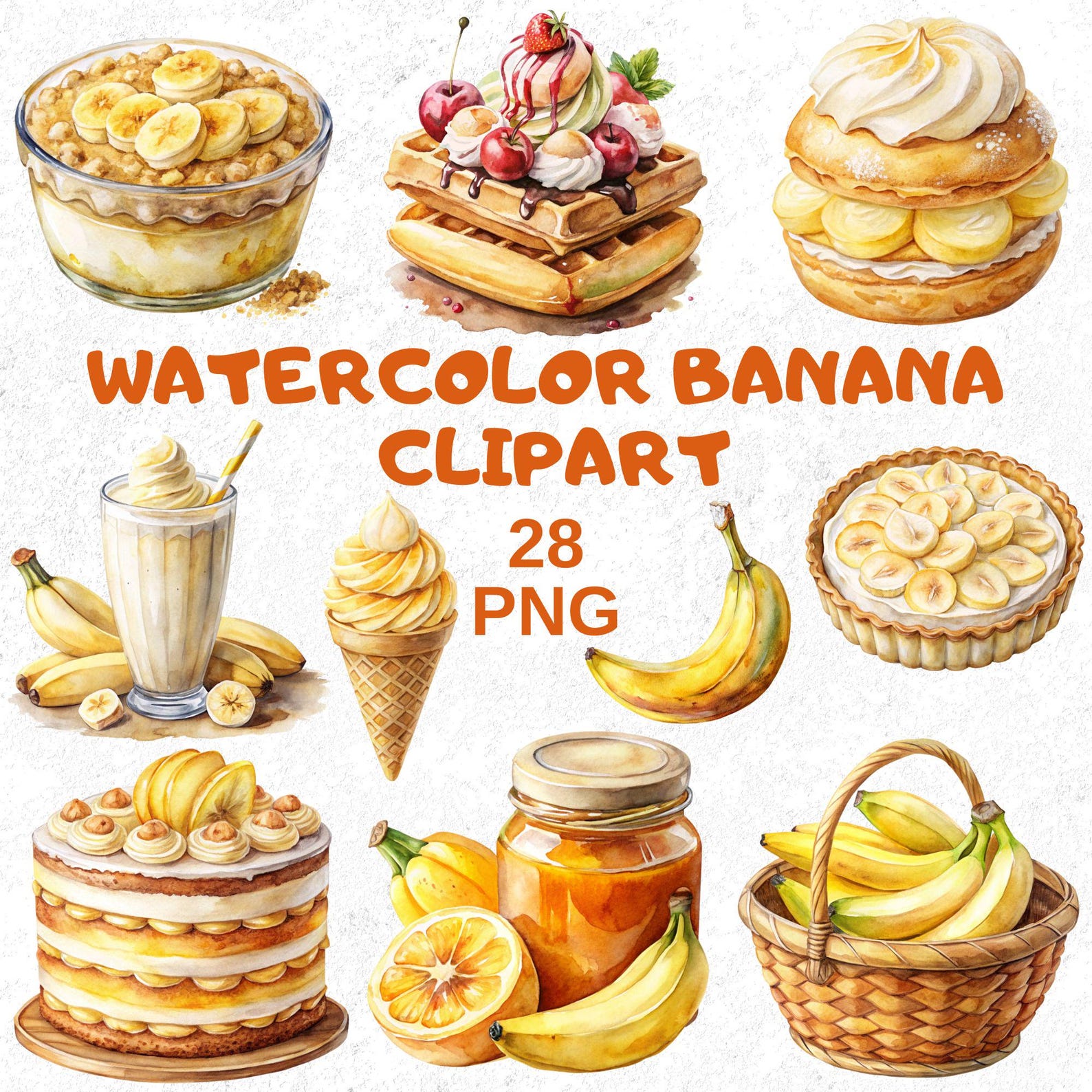 Watercolor Banana Clipart Bundle: 28 PNG Food Illustrations (digital ...