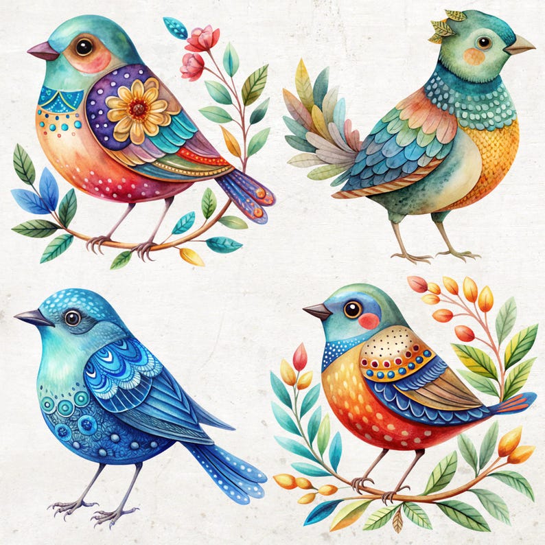 Watercolor Folk Art Birds Clipart: Scandinavian PNG Images (digital ...