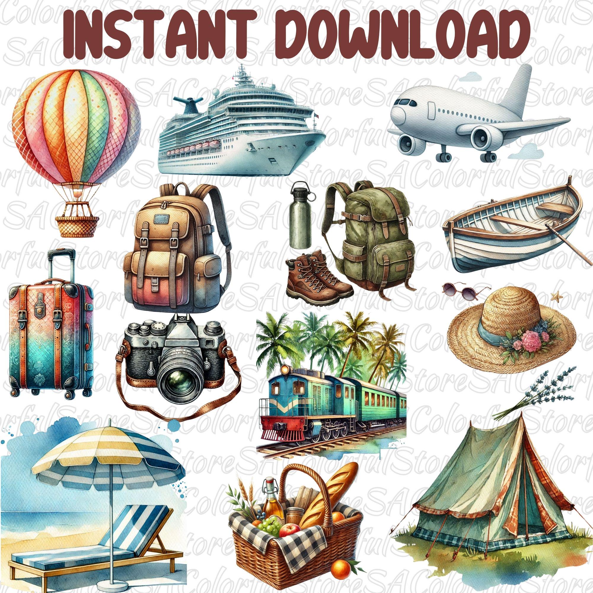 Watercolor Travel Clipart: Vacation Graphics, Landmarks, Luggage (PNG ...