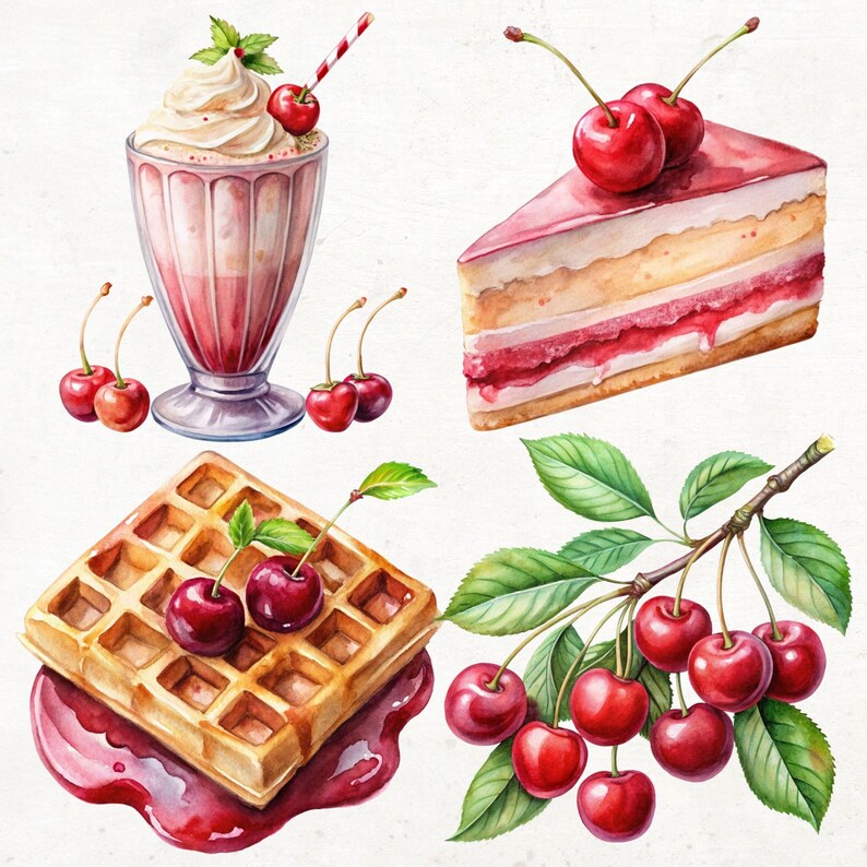 Watercolor Cherry Clipart Bundle: Blossom, Fruit, Floral (PNG Digital ...