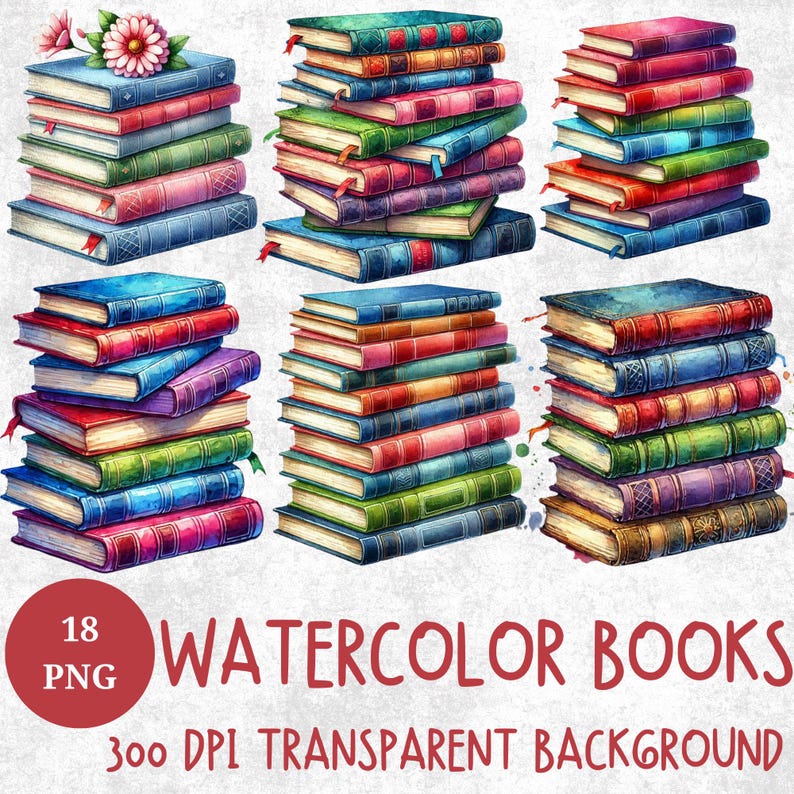Watercolor Books Clipart: Education Illustrations PNG (instant Download ...